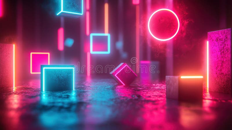 Vibrant Neon Geometric Shapes in Futuristic Setting Stock Illustration ...