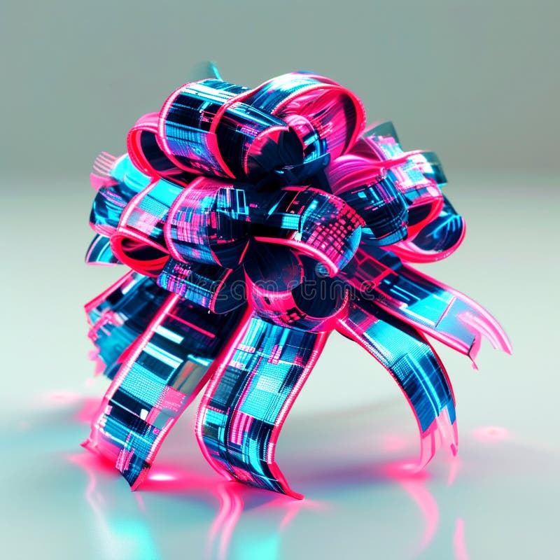 Vibrant Neon Gift Bow with Digital Patterns Reflecting Light in a Soft ...