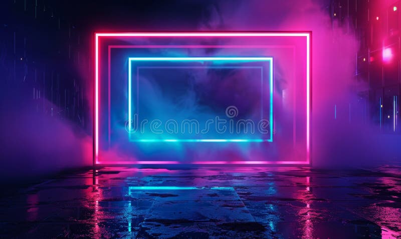 Vibrant Neon Glowing Rectangular Frames on the Street, City Night ...