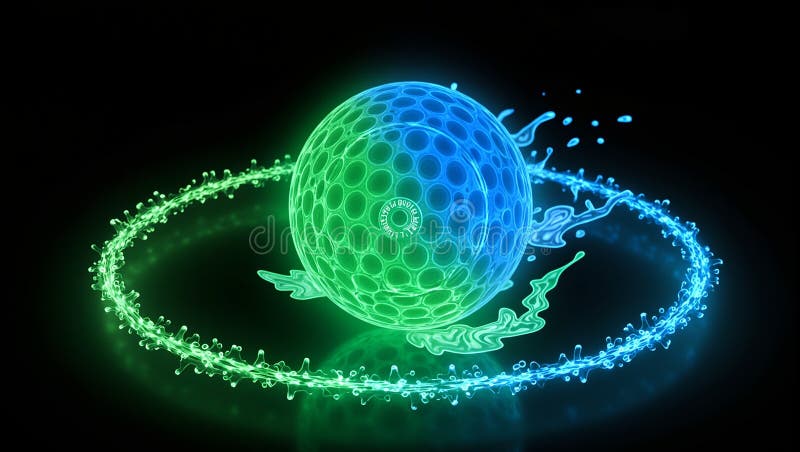 Vibrant Neon Golf Ball Spinning Amidst Glowing Particles Stock ...