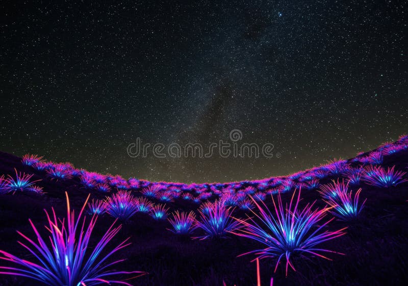 Vibrant Neon Grass Under Starry Night Sky Featuring Milky Way Galaxy ...