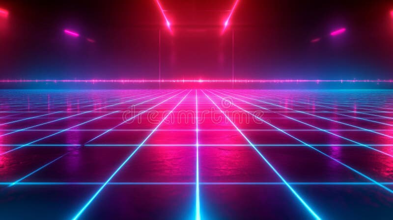 Vibrant Neon Grid with Pink and Blue Glowing Lights Stock Illustration ...