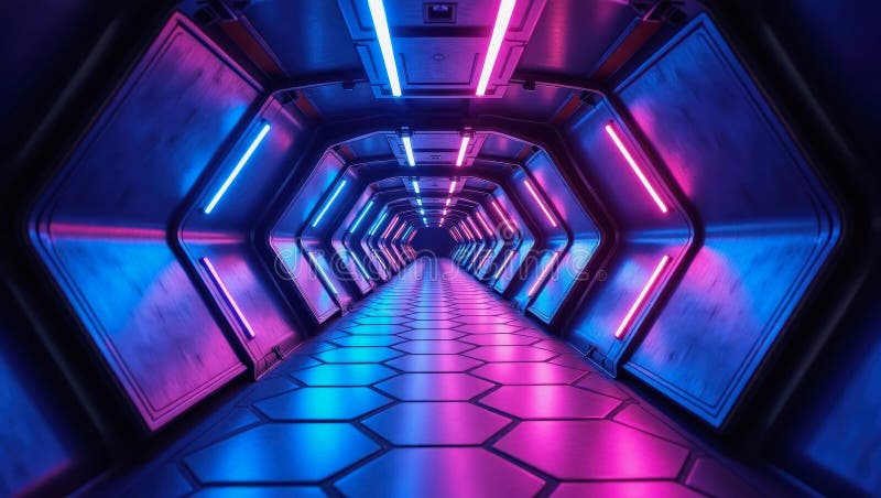 Vibrant Neon Hallway Tunnel with Glowing Lights and Hexagonal Patterns Stock Image - Image of ...