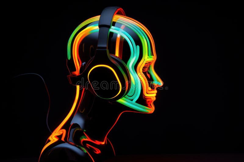 Vibrant Neon Headphone Head Bust in Dark Background Stock Illustration ...