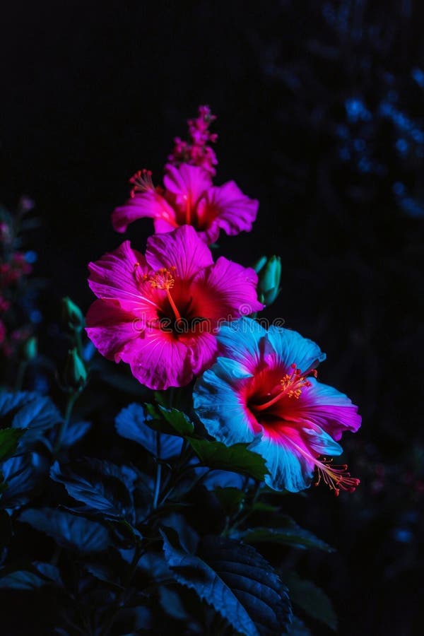 Vibrant Neon Hibiscus Blooms in the Night. Stock Illustration ...