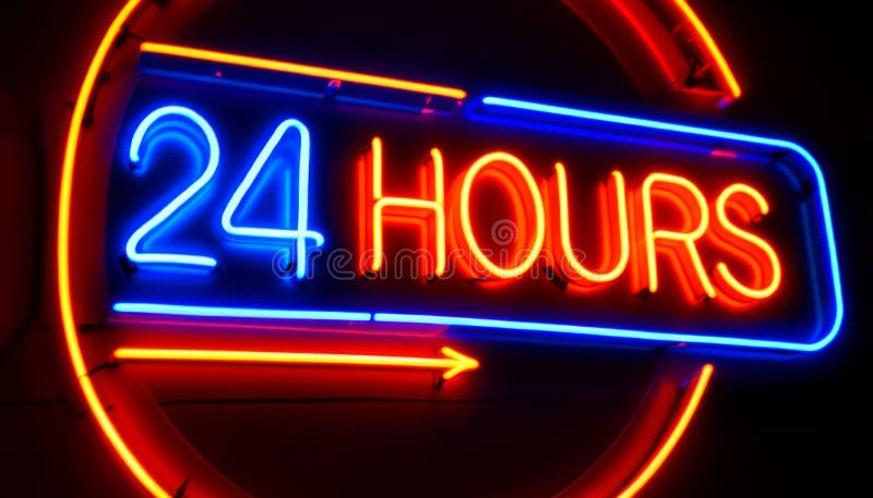 Vibrant Neon 24 Hours Sign Glowing in Bright Colors Stock Illustration ...