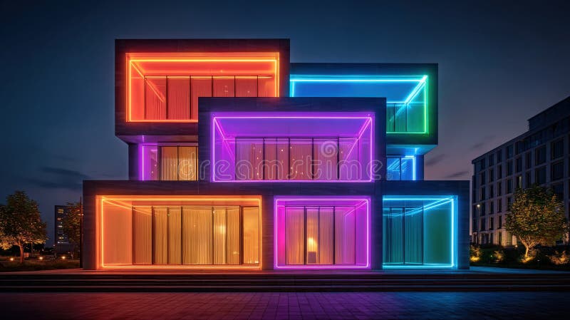 Generative AI Modern Multicolored Neon Lit Geometric Building ...
