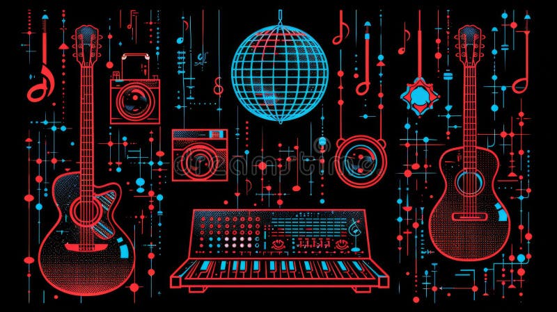 Vibrant Neon Illustration of Musical Instruments and Disco Ball with ...