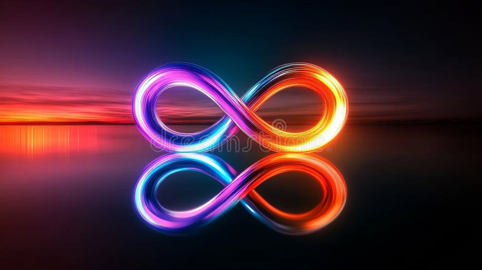 Vibrant Neon Infinity Symbol Reflected on Water Surface, Sunset ...