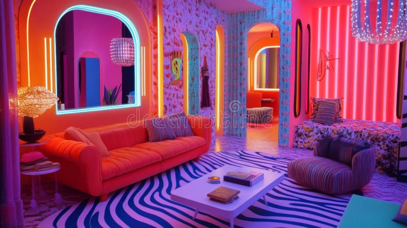 Vibrant Neon Interior Design with Bold Patterns and Colorful Furniture ...