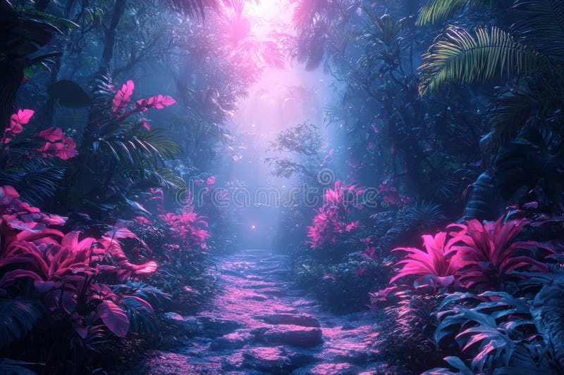 Vibrant Neon Jungle with Glowing Plants and Mystical Atmosphere Stock ...