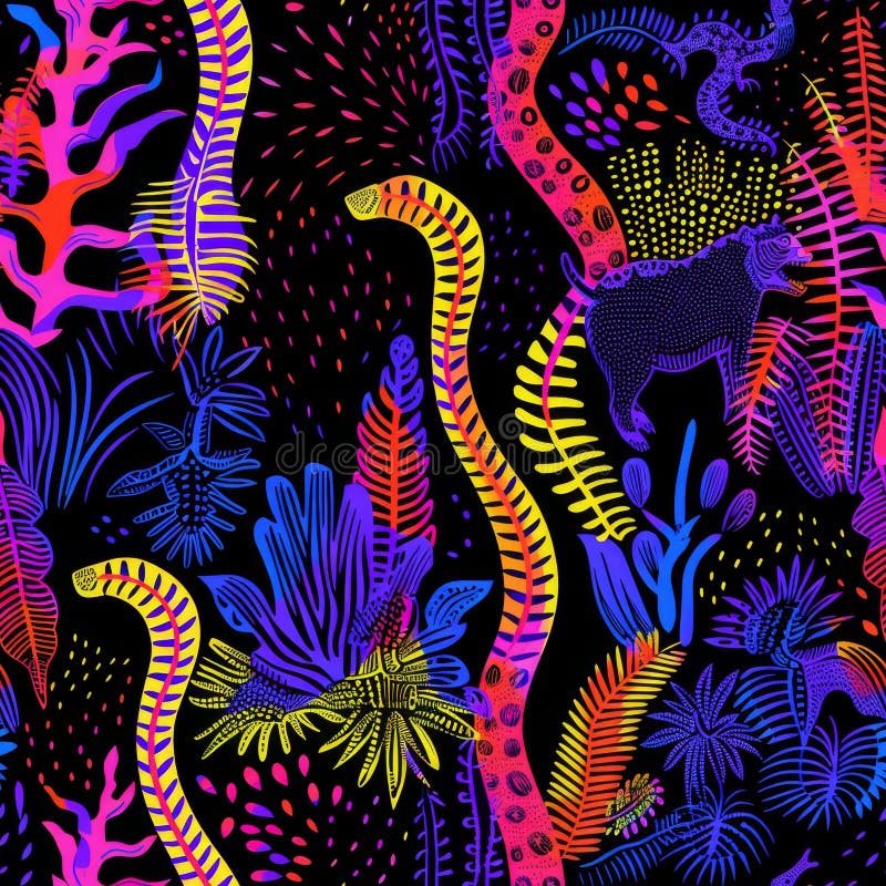 Vibrant Neon Jungle Pattern with Exotic Animals and Tropical Flora ...