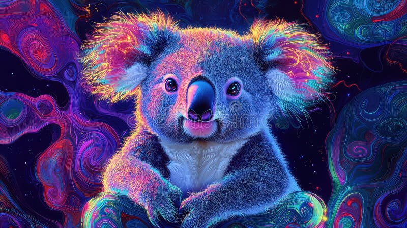 Vibrant Neon Koala in a Psychedelic Dreamscape with Colorful Swirls and ...