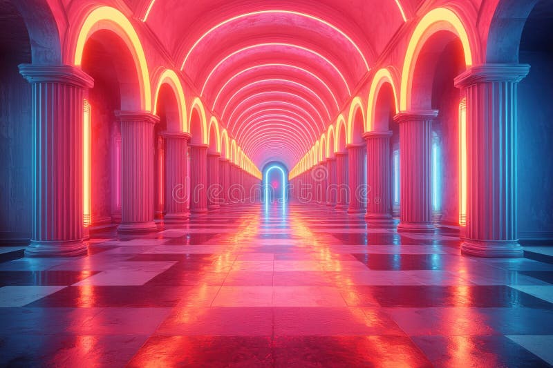 Vibrant Neon Labyrinth with Glowing Corridors and Reflective Floors ...