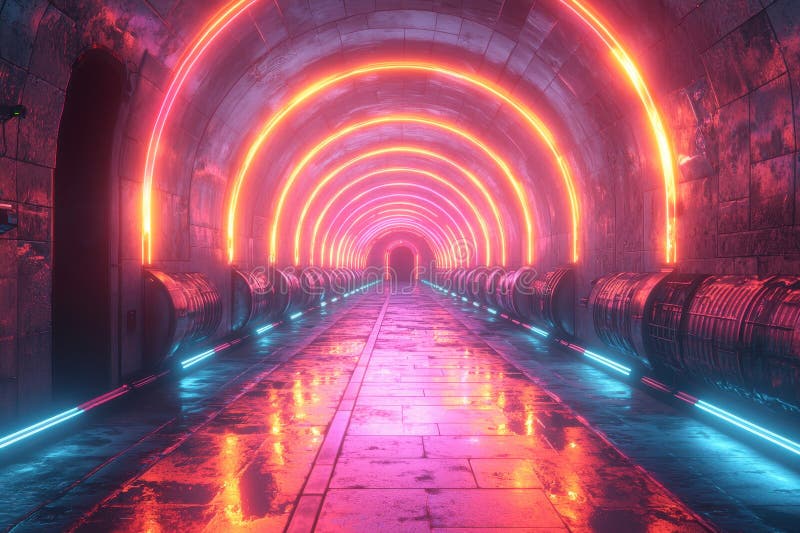 Vibrant Neon Labyrinth with Glowing Corridors and Reflective Surfaces ...