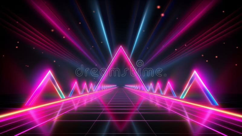 Vibrant Neon Landscape with Glowing Triangles and Radiant Light Beams ...