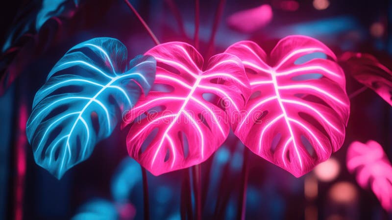 Vibrant Neon Leaf Colors Illuminating in Blue and Pink Light Stock ...