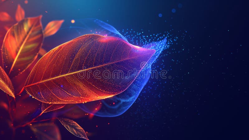 Vibrant Neon Leaf with Digital Particles and Glowing Aura Stock Photo ...