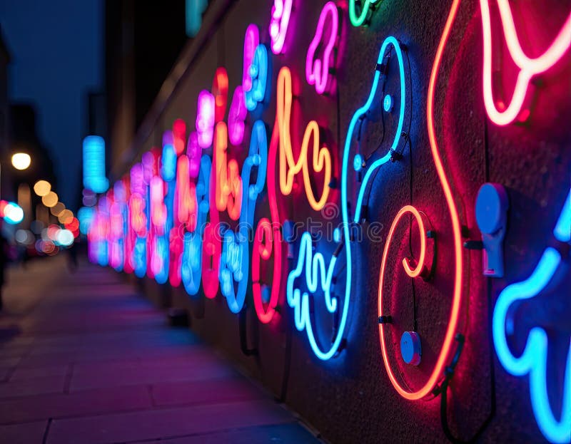 Vibrant Neon Light Art Installation on City Wall at Night Stock ...
