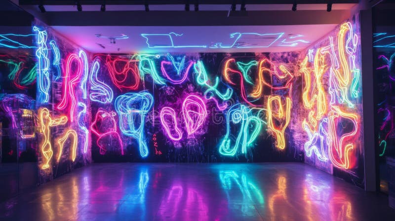 Vibrant Neon Light Art Installation on a Dark Wall Stock Illustration ...