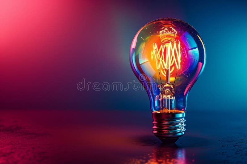 Vibrant Neon Light Bulb on Reflective Surface with Colorful Gradient ...