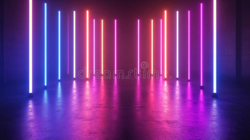 Vibrant Neon Light Columns in Dark Studio Stock Illustration ...
