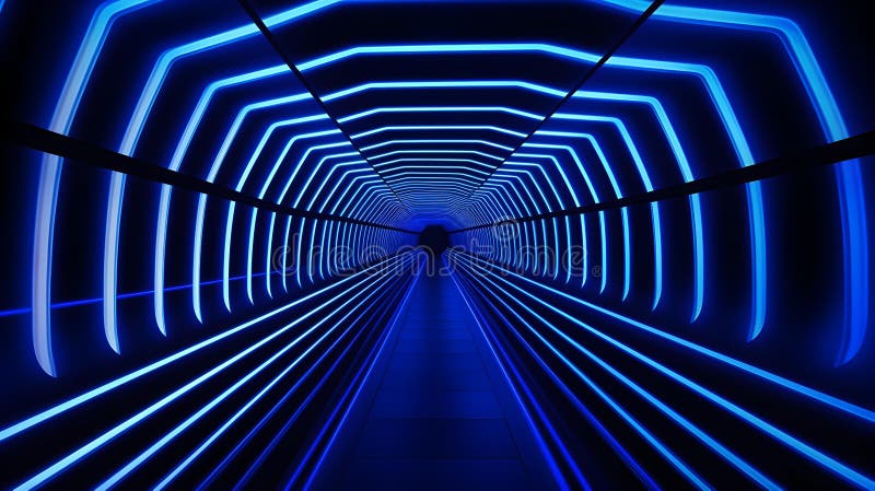 Vibrant Neon Light Corridor in Blue Tones and Abstract Shapes Stock Illustration - Illustration ...