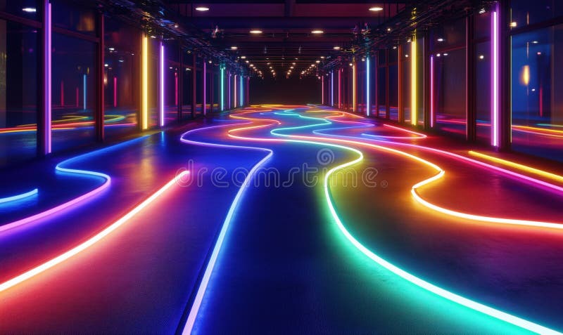 Vibrant Neon Light Pathway in Modern Corridor with Colorful Illuminated ...