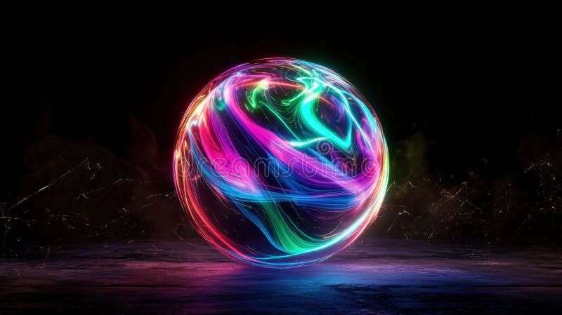 Vibrant Neon Light Sphere with Dynamic Light Trails on Dark Background ...