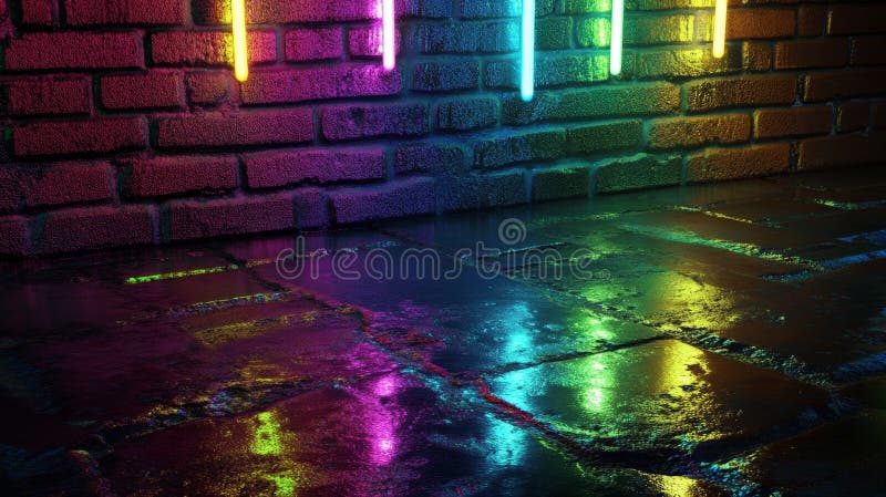 Vibrant Neon Light Streaming on Brick Wall with Reflections on Wet ...