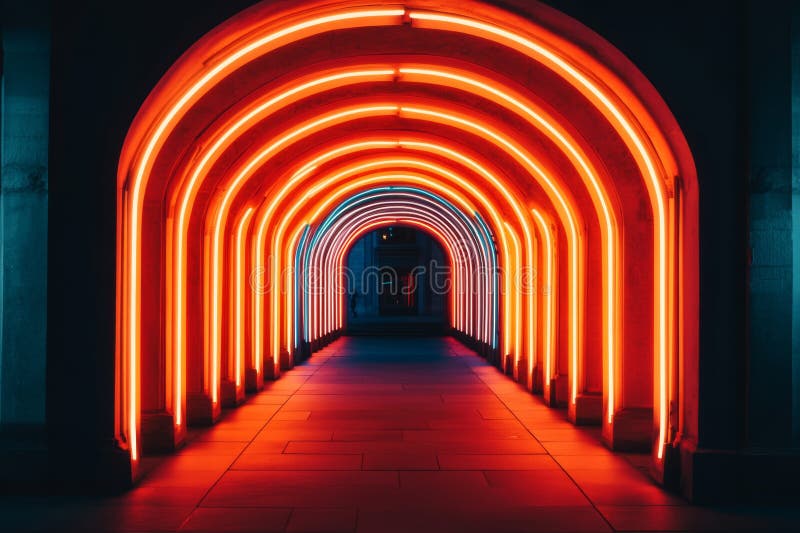 Vibrant Neon Light Tunnel with Colorful Glowing Arches Stock ...
