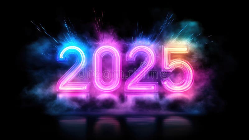 Vibrant Neon Lights Display the Year 2025 in Colored Smoke Stock Photo ...