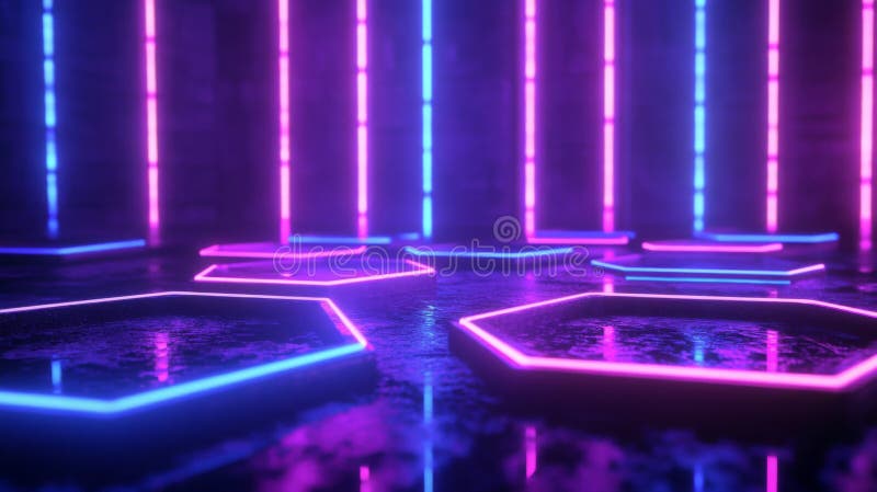 Vibrant Neon Lights Hexagon Stage with Reflective Floor Stock ...