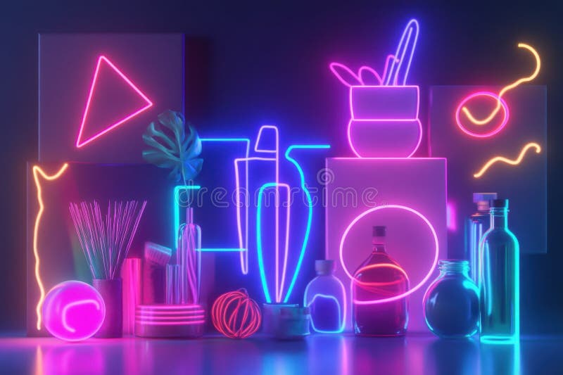 Colorful Neon Lights Illuminating Various Art and Bottles in a Creative ...