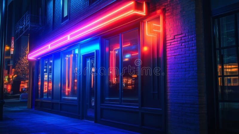 Vibrant Neon Lights Illuminate Brick Building at Night Stock ...