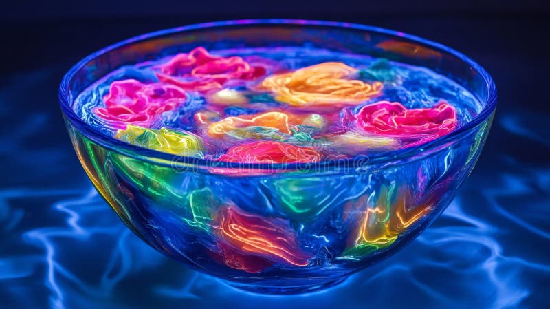 Vibrant Neon Lights Illuminate Colorful Objects in Glass Bowl Stock ...