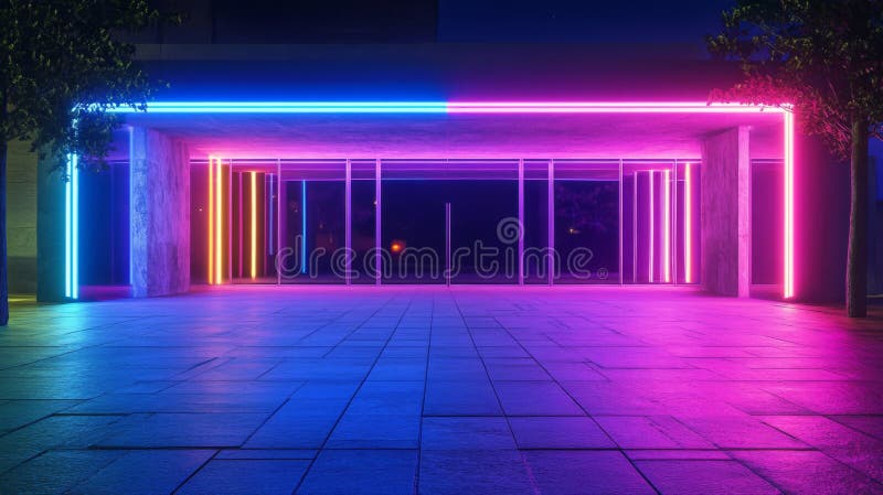 Vibrant Neon Lights Illuminate Modern Building Facade at Night Stock ...