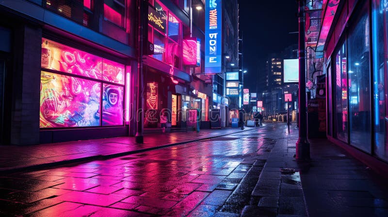 Vibrant Neon Lights Illuminating Urban Streets. Generative Ai Stock ...