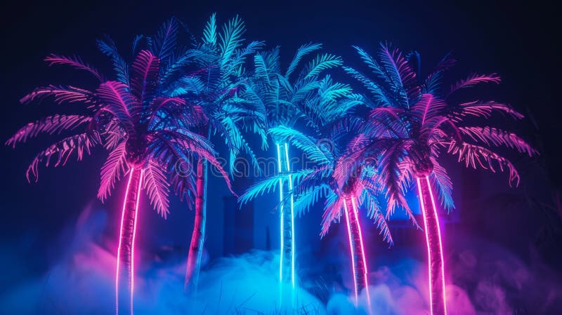 Vibrant Neon Lights on Palm Trees at Night: Surreal Tropical Scene ...