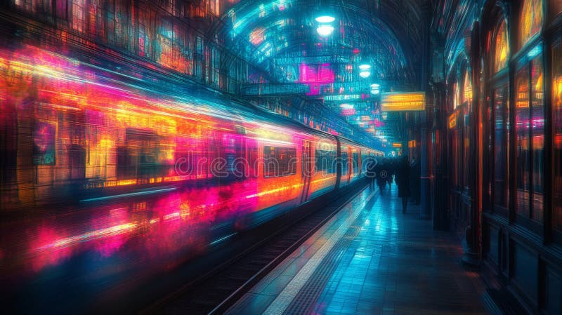 Vibrant Neon Lights Reflect on Wet Train Station Platform at Night ...