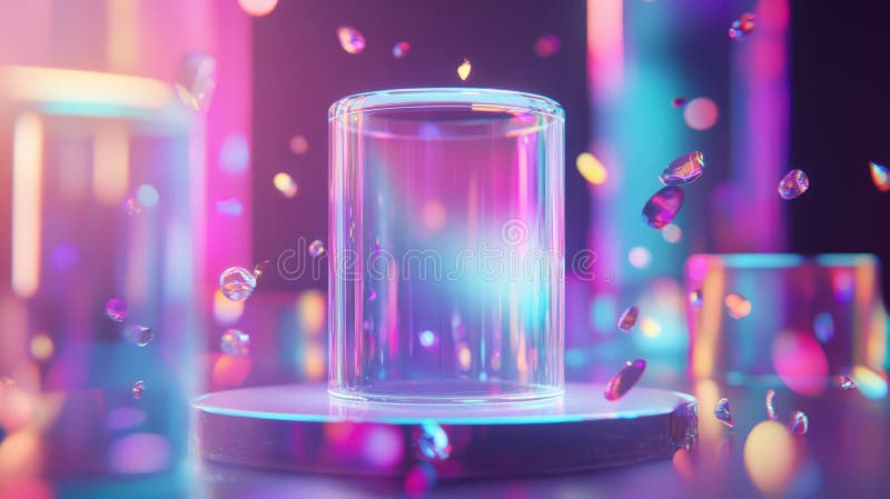 Vibrant Neon Lights Reflecting on Glass with Floating Bubbles Stock ...
