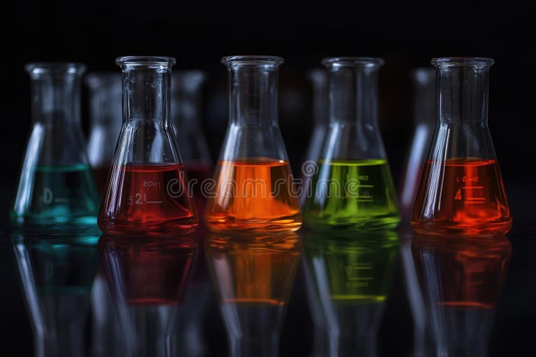 Vibrant Neon Liquids in Erlenmeyer Flasks Create a Stunning Visual on a ...