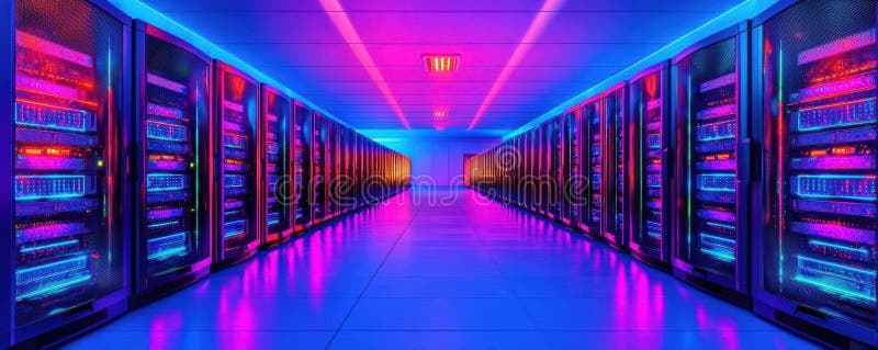 A Vibrant, Neon-lit Data Center Showcasing Advanced Server Racks and Cutting-edge Technology ...