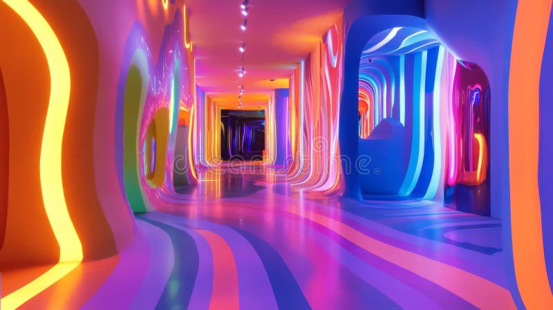 Vibrant Neon Lit Hallway with Psychedelic Wave Patterns Stock ...