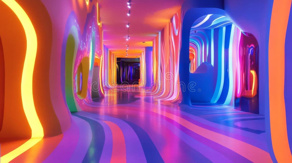 Vibrant Neon Lit Hallway with Psychedelic Wave Patterns Stock ...