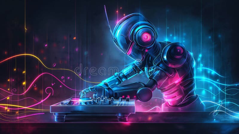 Vibrant Neon-lit Image of a Robotic DJ Operating a Mixer, Surrounded by ...