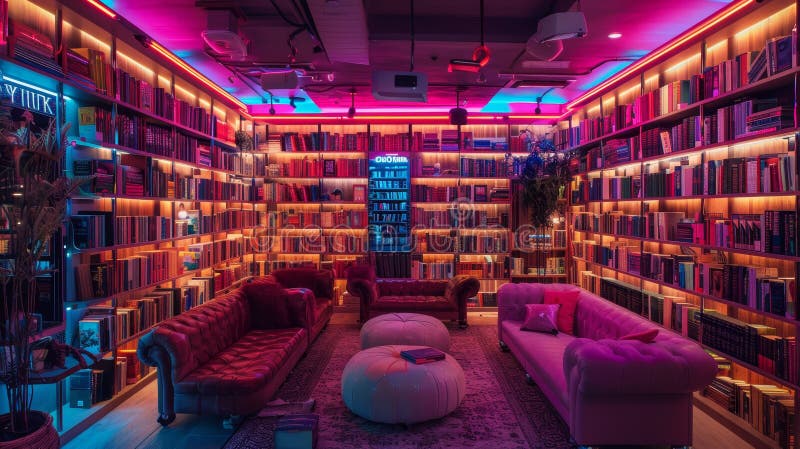 Vibrant Neon Lit Loft Library with Custom Book Jackets for a Bright ...