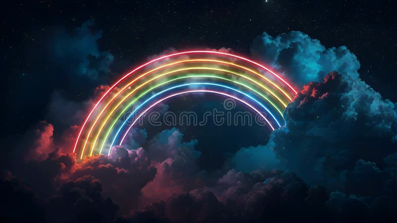 Vibrant Neon-lit Rainbow Arching Over a Starry Night Sky with Fluffy ...