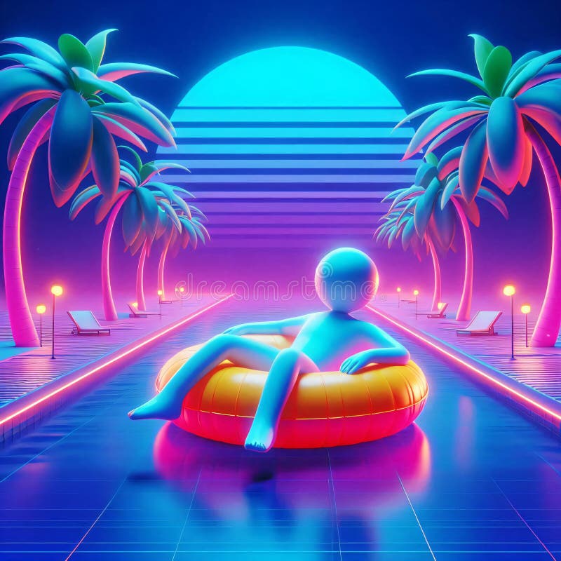Vibrant Neon-lit Scene with a Figure on a Float in a Pool Under Palm ...