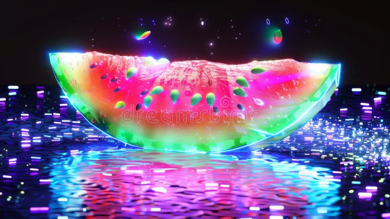 Vibrant Neon-Lit Watermelon Slice on Reflective Surface Stock Photo ...